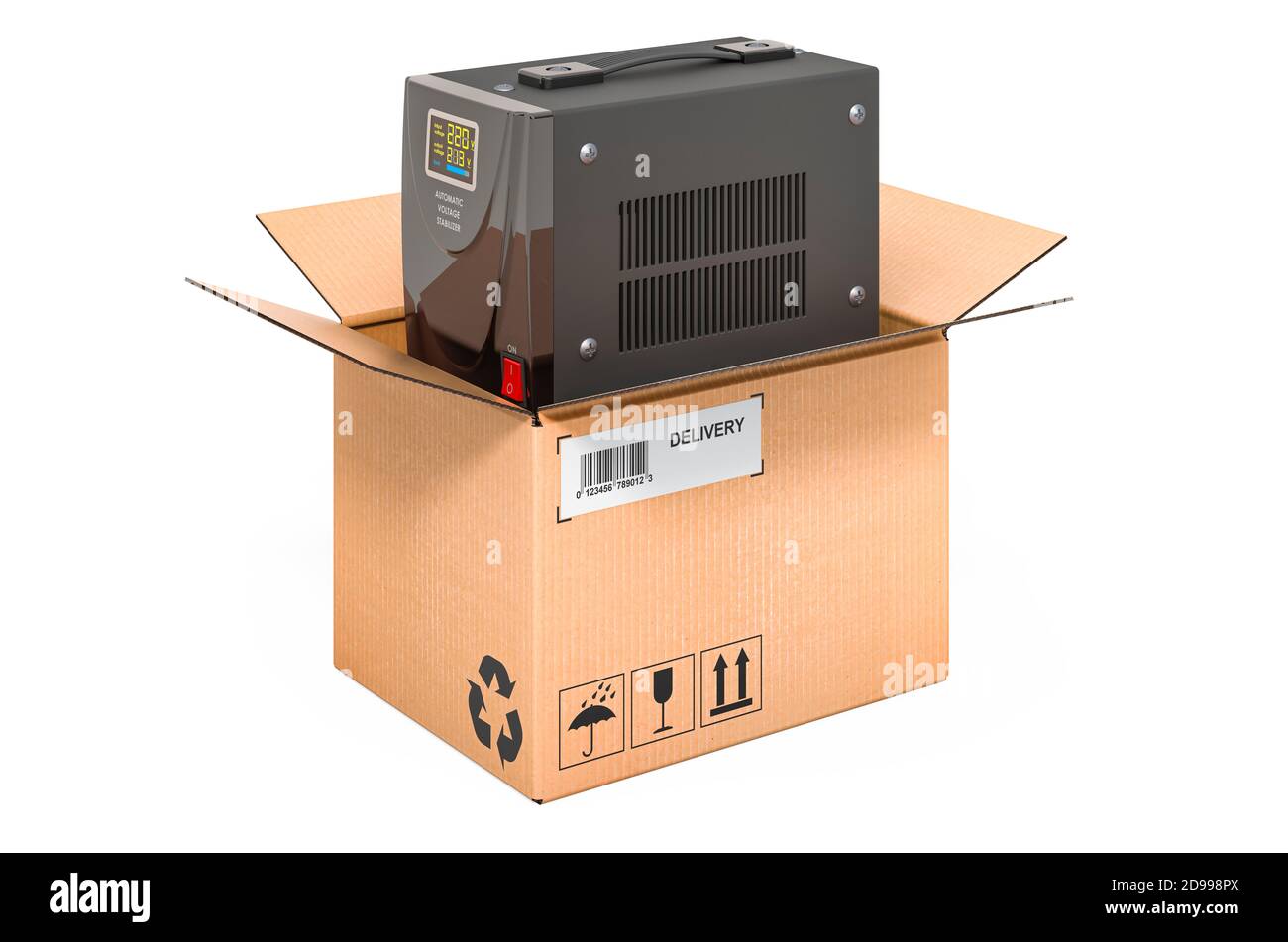 Voltage stabilizer inside cardboard box, delivery concept. 3D rendering ...
