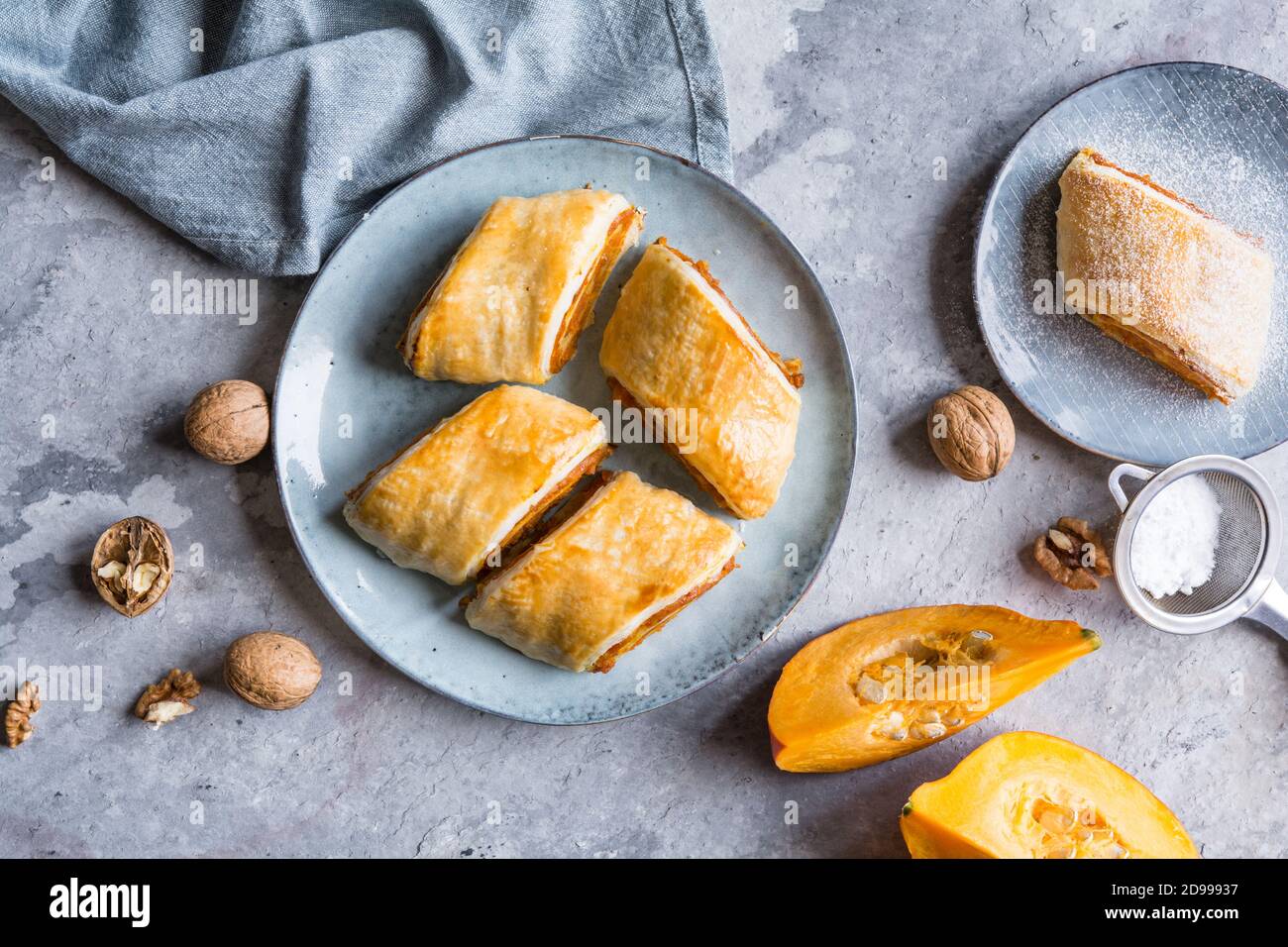 Sweet pumpkin strudel with walnut and cinnamon Stock Photo - Alamy