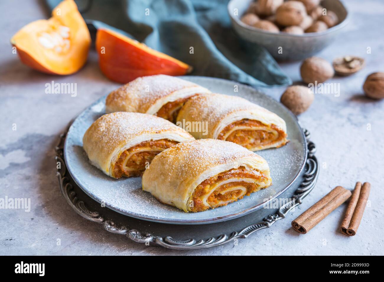 Sweet pumpkin strudel with walnut and cinnamon Stock Photo - Alamy