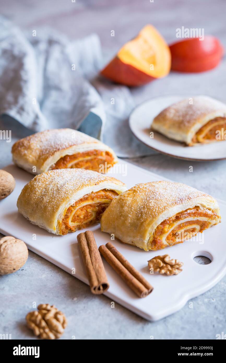 Sweet pumpkin strudel with walnut and cinnamon Stock Photo - Alamy