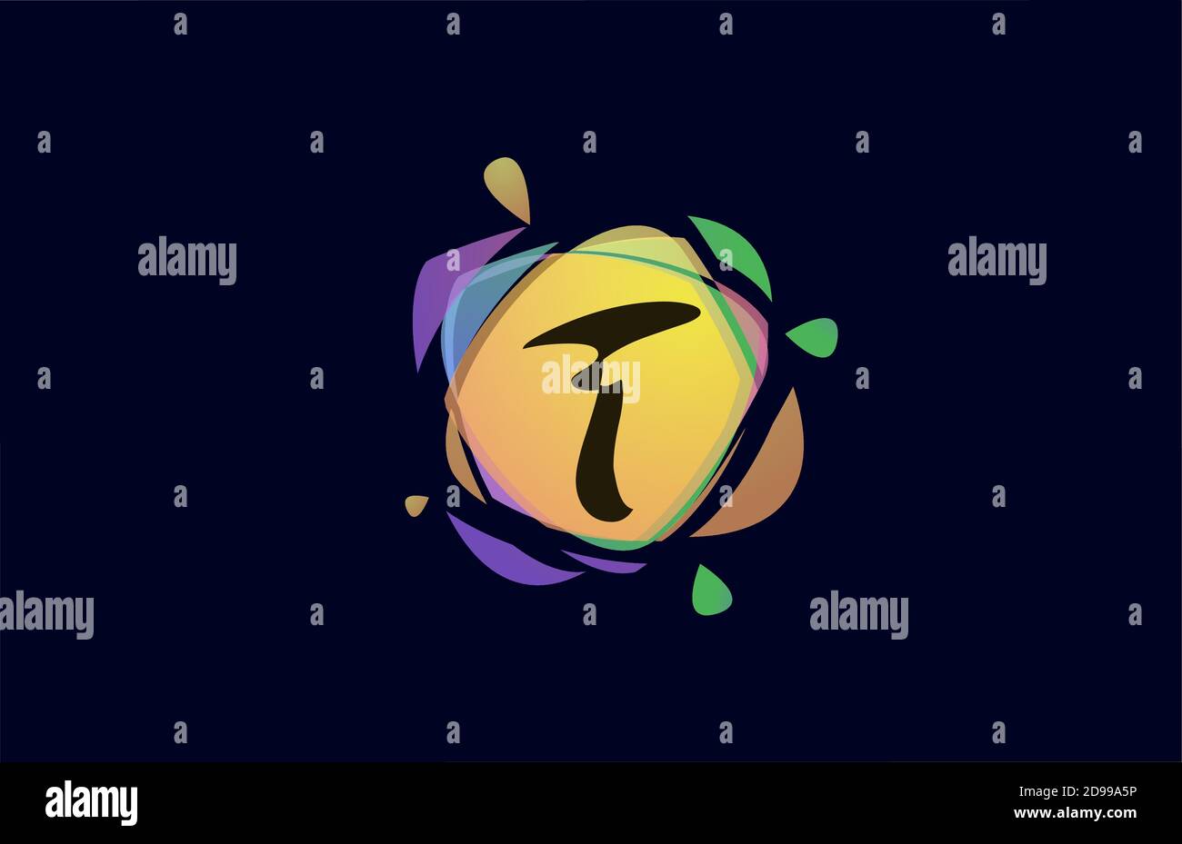 colorful T alphabet letter logo icon template. Colored broken splash ...
