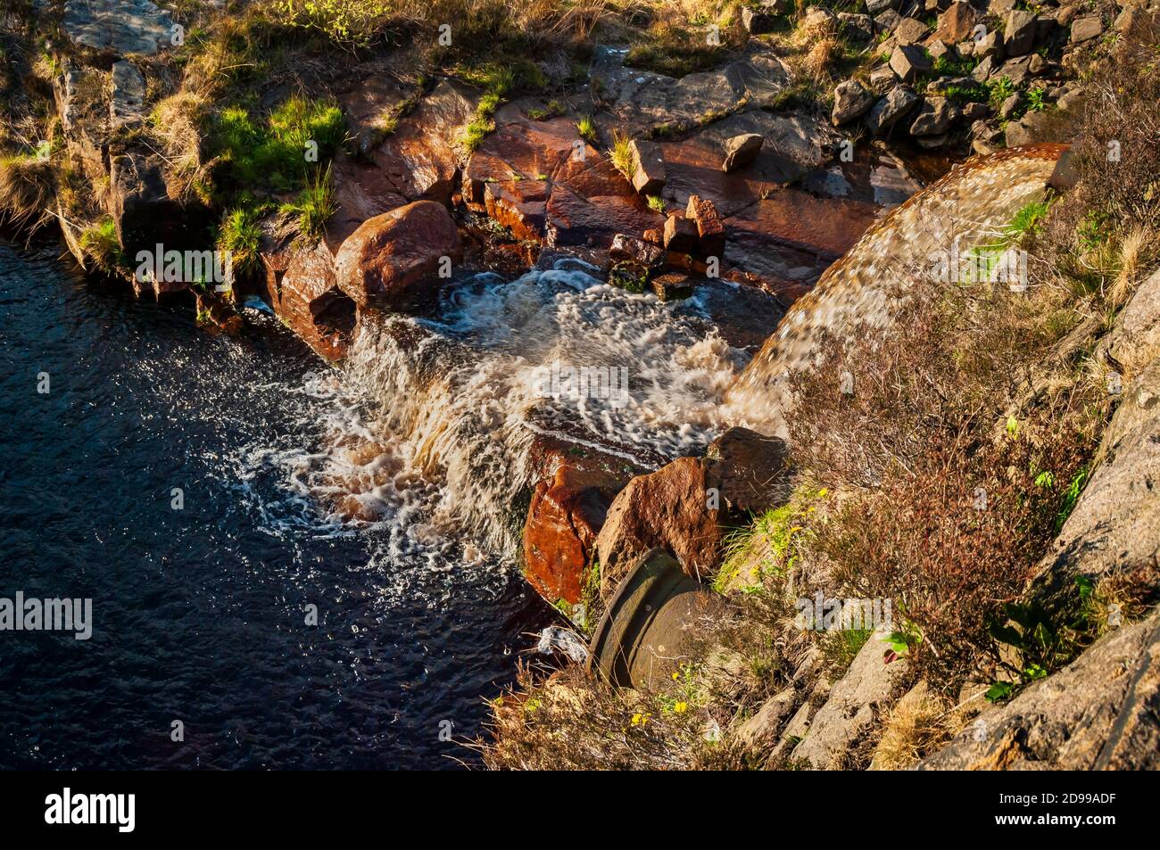 Waterfall from the stream into Greenfield Reservoir, above Dove Stone ...