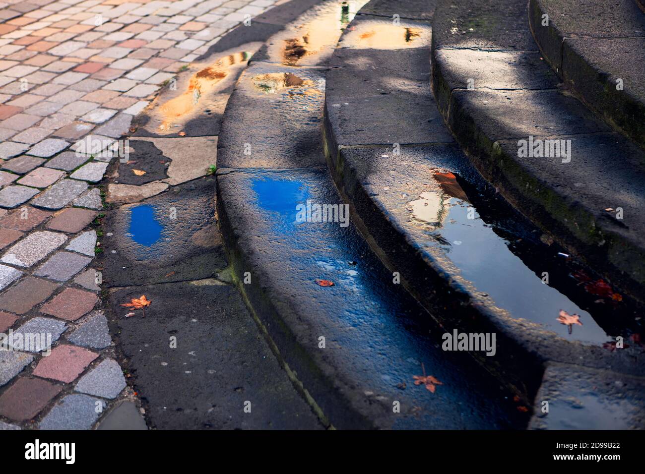 Medieval staircase in autumn . Stone stairs with water pool and autumn ...