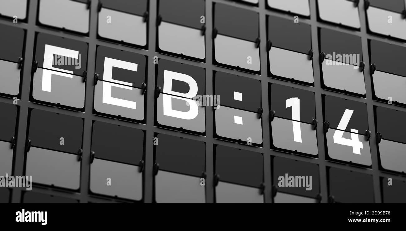 FEB 14 VALENTINES DAY. Split flap Airport white letters text on Solari ...