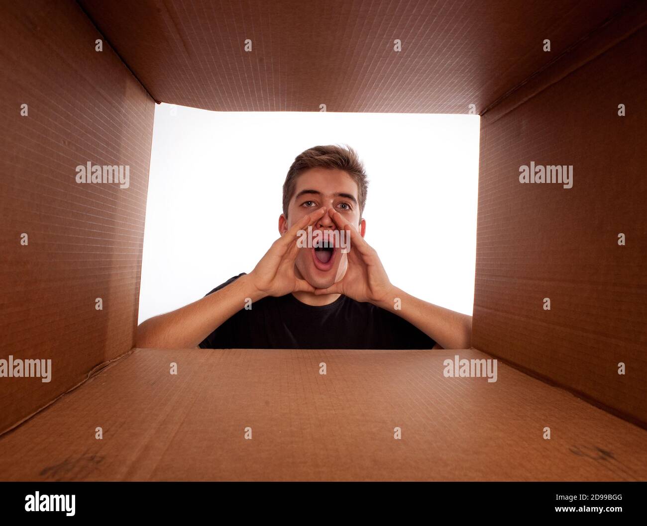 young man screaming inside a cardboard box Stock Photo - Alamy