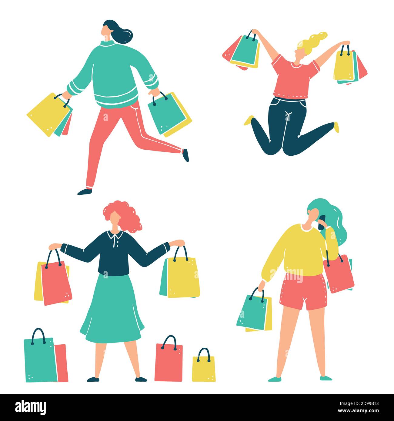 Set of shopping cartoon woman for sale, discount, buyer, customer ...