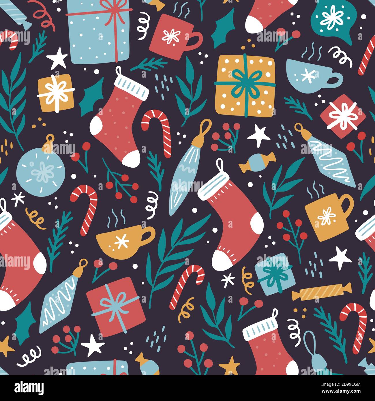 Christmas elements seamless pattern with gift box, floral, candy. Hand ...