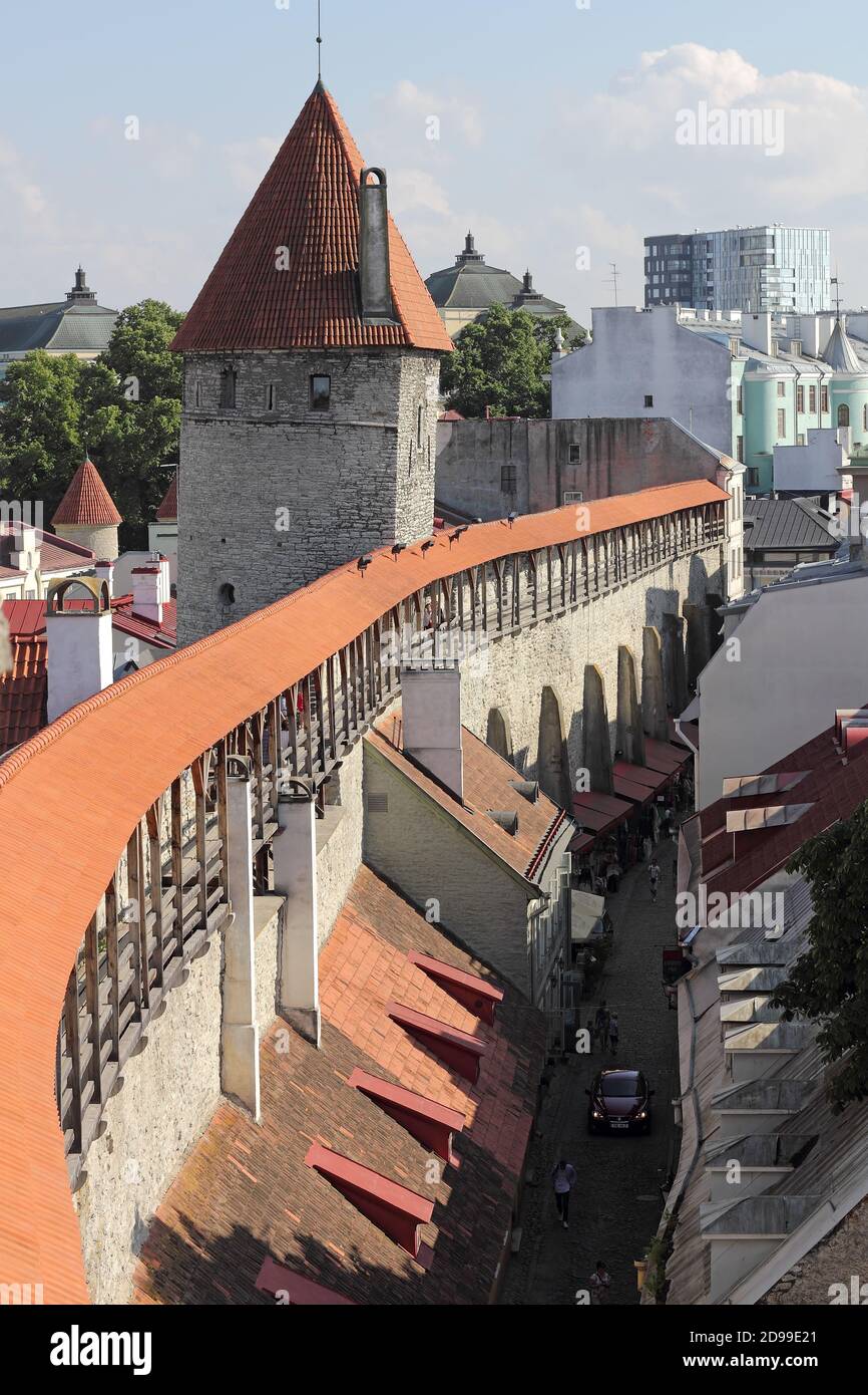Medieval town wall of Tallinn with roofed guard's walkway and Hellemann ...