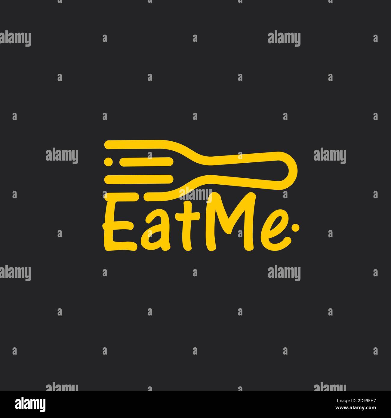 Linear fork with Eat Me text, line art icon on black background. Yellow ...