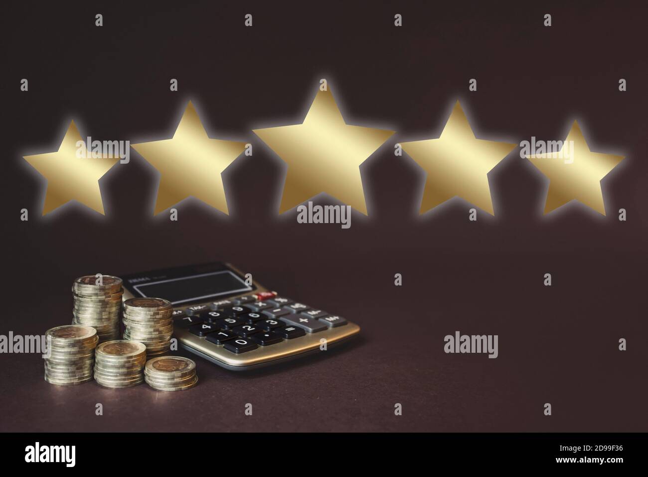 Coins Stack, stars and calculator. Concept of money saving, financial ...