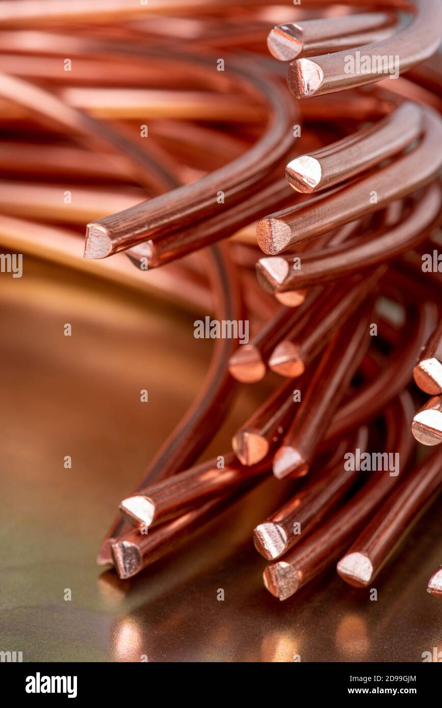 Copper industry, detail of shiny cu wire on metallic surface Stock ...