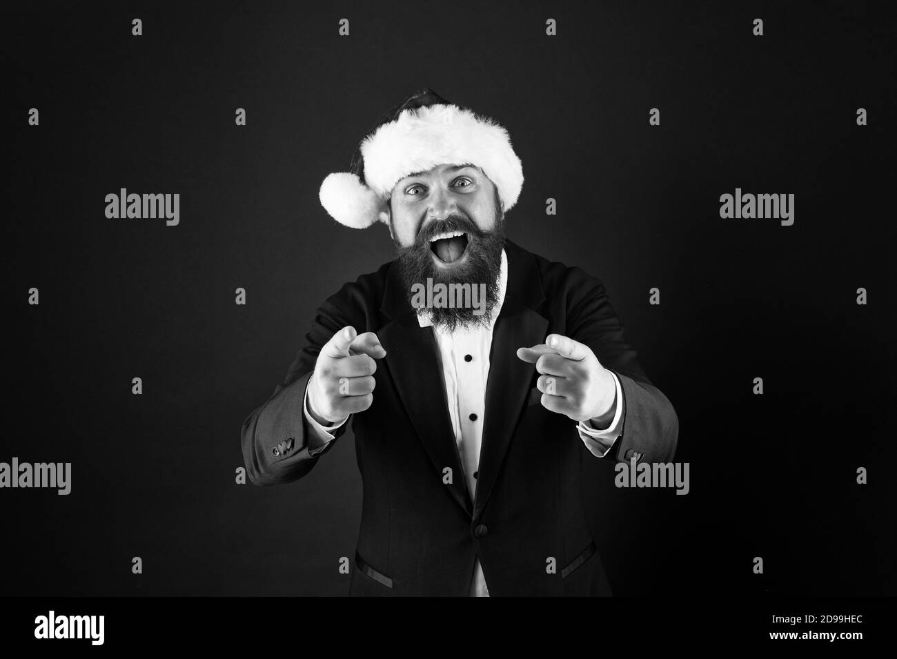 I need you. Happy salesman pointing fingers. Bearded man pointing dark ...