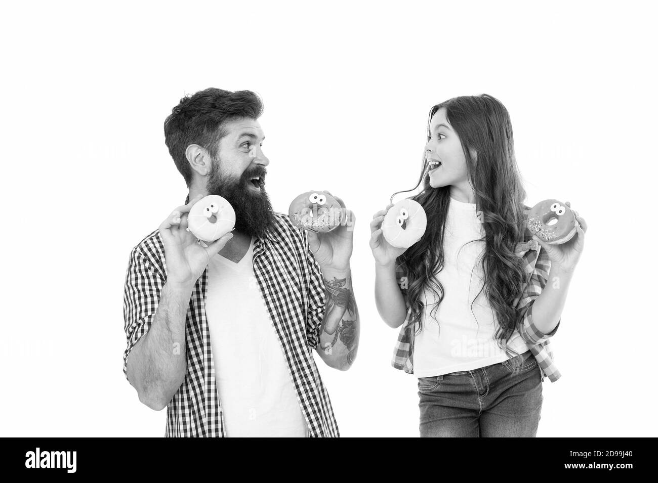 Meal for your sweet tooth. Happy family hold donuts. Sweet food lovers ...