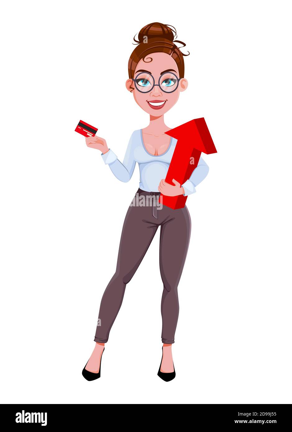 Stock vector. Young beautiful business woman holds credit card and red ...