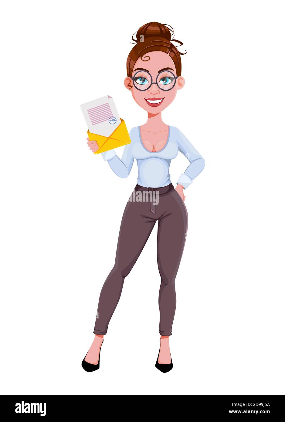 Stock vector. Young beautiful business woman holds envelope with ...