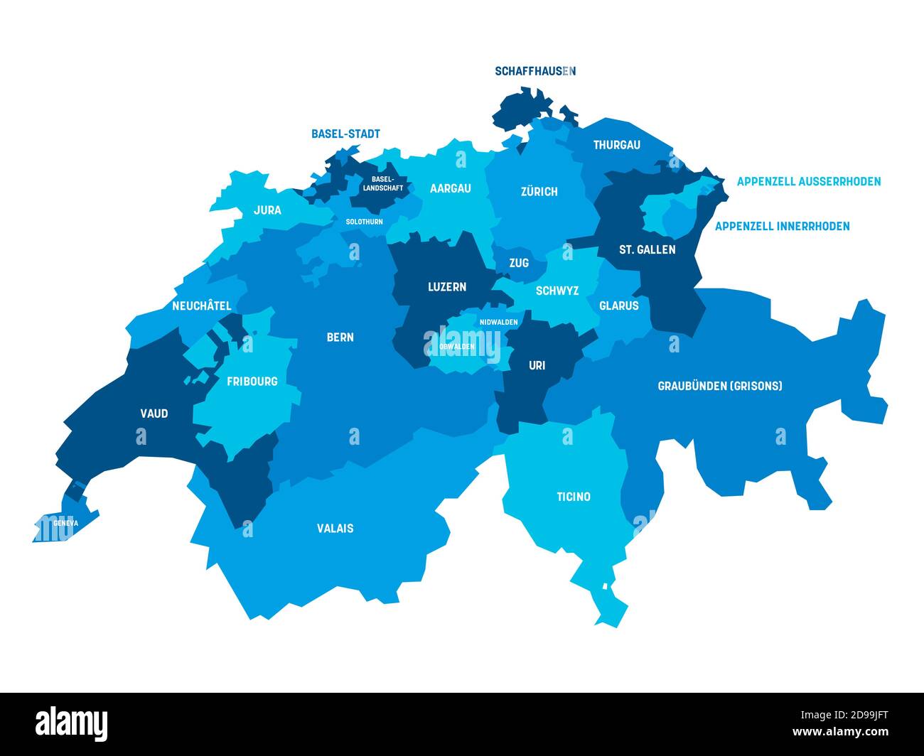 Blue political map of Switzerland. Administrative divisions - cantons ...