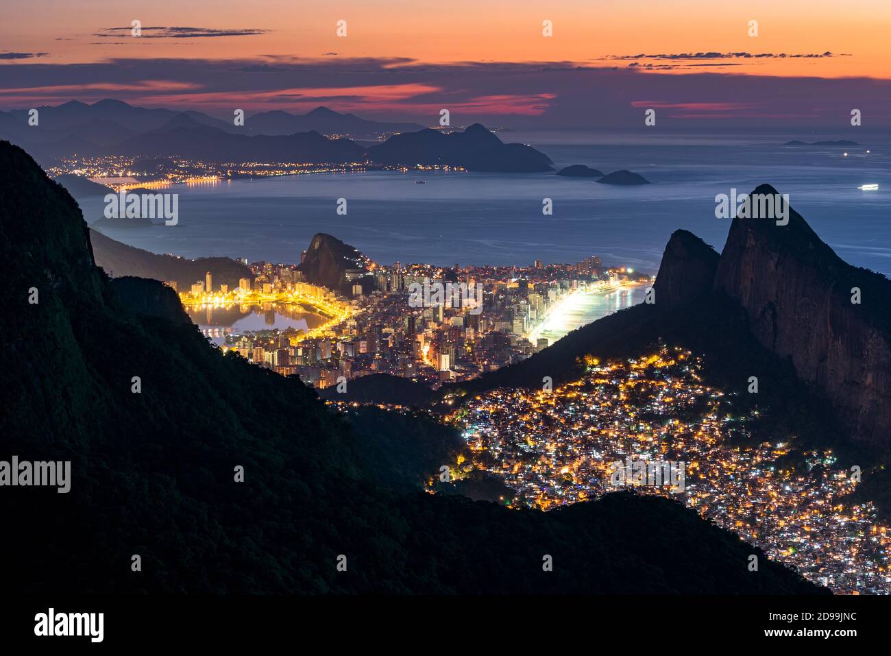 View of Favela Rocinha at Night With Ipanema District Behind, in Rio de ...