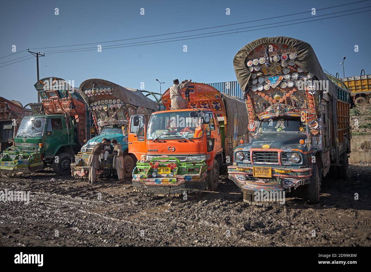 Rawalpindi, Pakistan, December 2008. Decorated transport trucks typical ...
