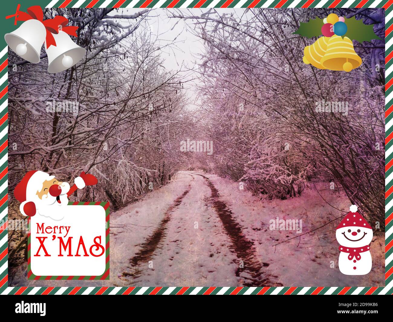 Beautiful snowy park with a Merry Christmas frame and decorations Stock ...