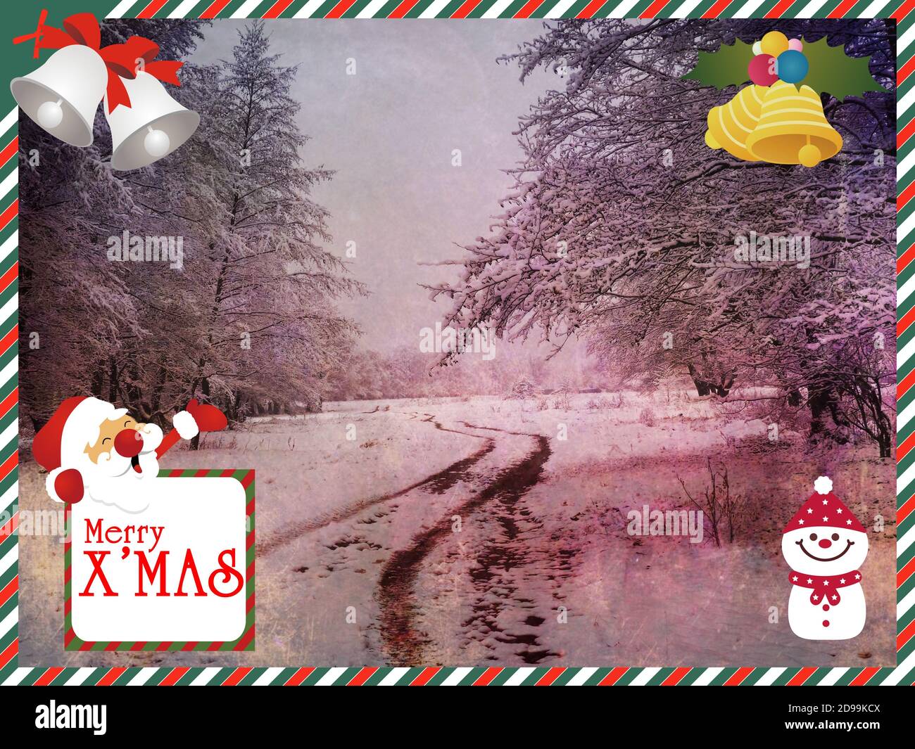 Beautiful snowy park with a Merry Christmas frame and decorations Stock ...
