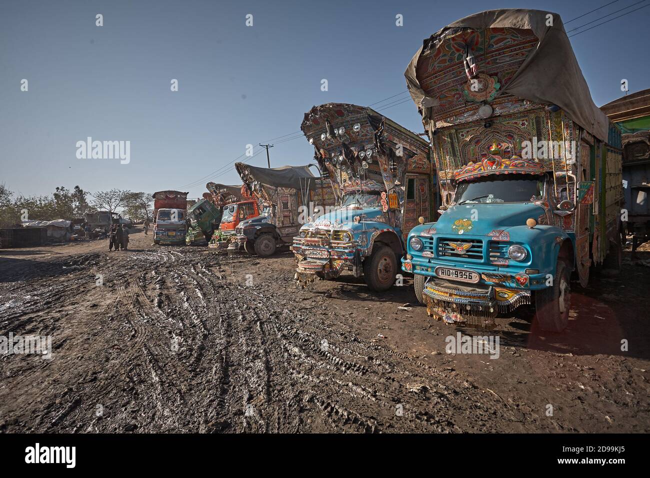 Rawalpindi, Pakistan, December 2008. Decorated transport trucks typical ...