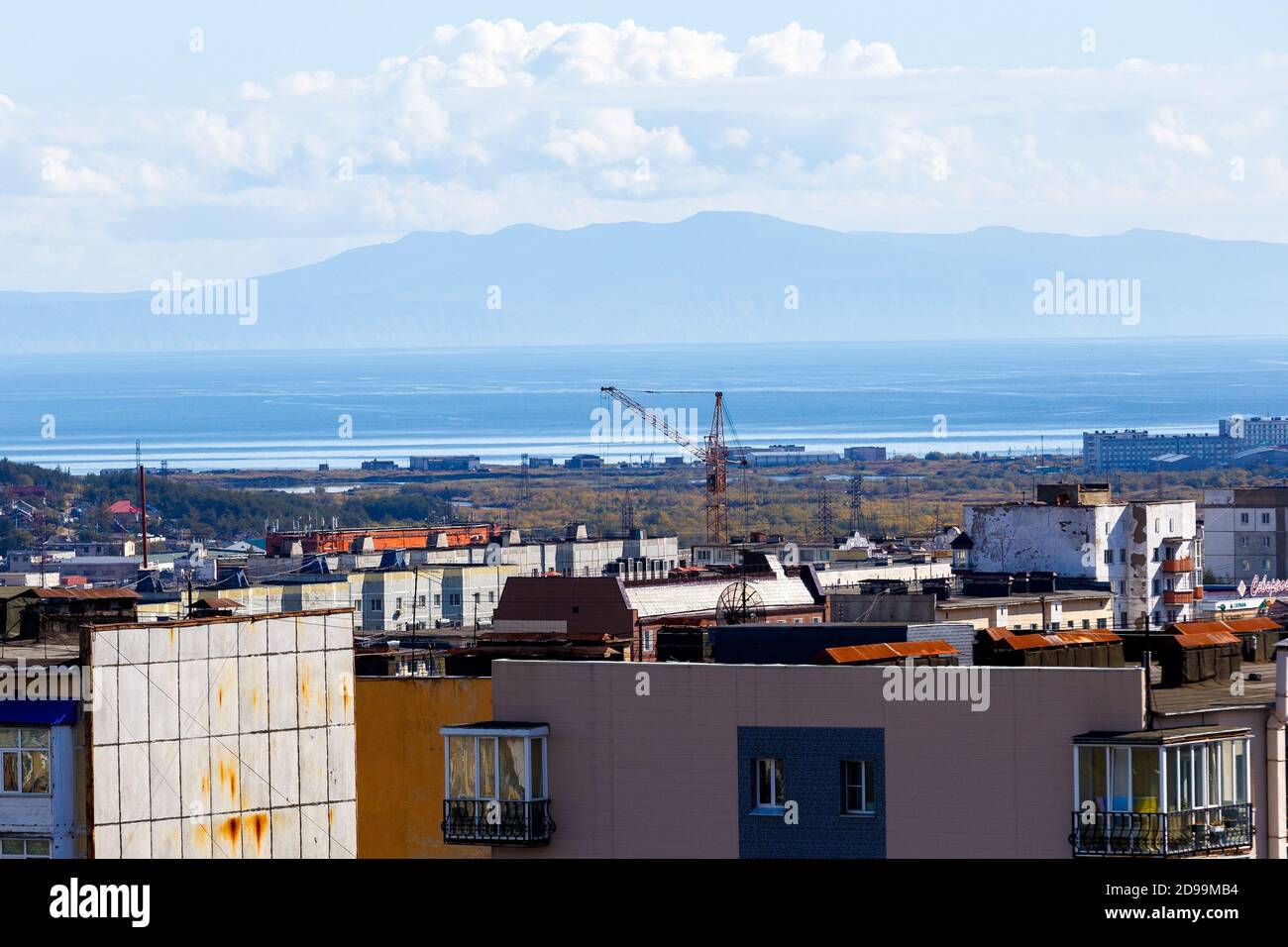 View of the northern Russian city of Magadan from above. The central ...
