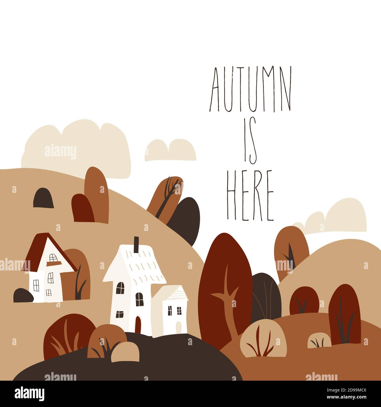 Cartoon autumn landscape with cottages and colorful forest Stock Vector ...