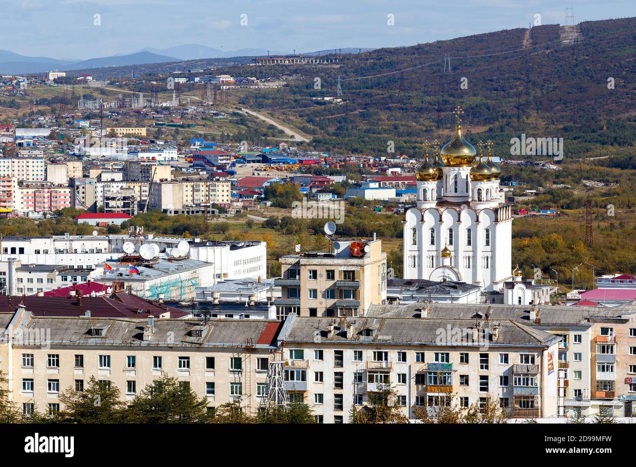 View of the northern Russian city of Magadan from above. The central ...