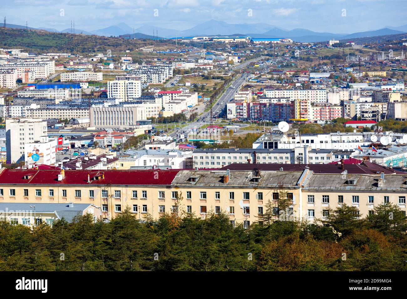 View of the northern Russian city of Magadan from above. The central ...