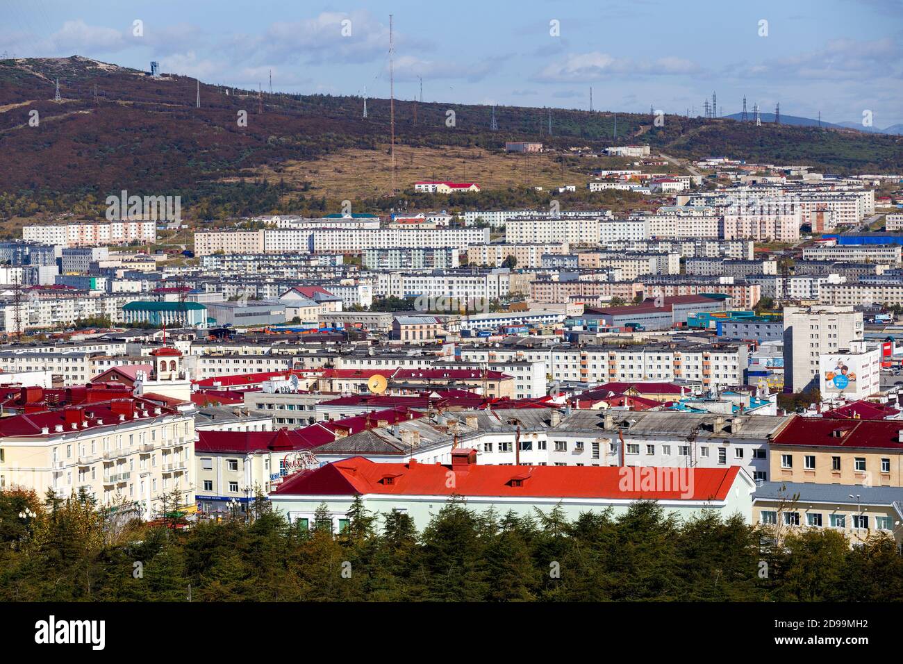 View of the northern Russian city of Magadan from above. The central ...