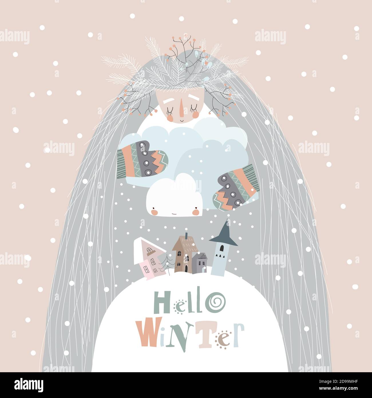 Conceptual Illustration of mother winter hugging clouds with snow Stock ...