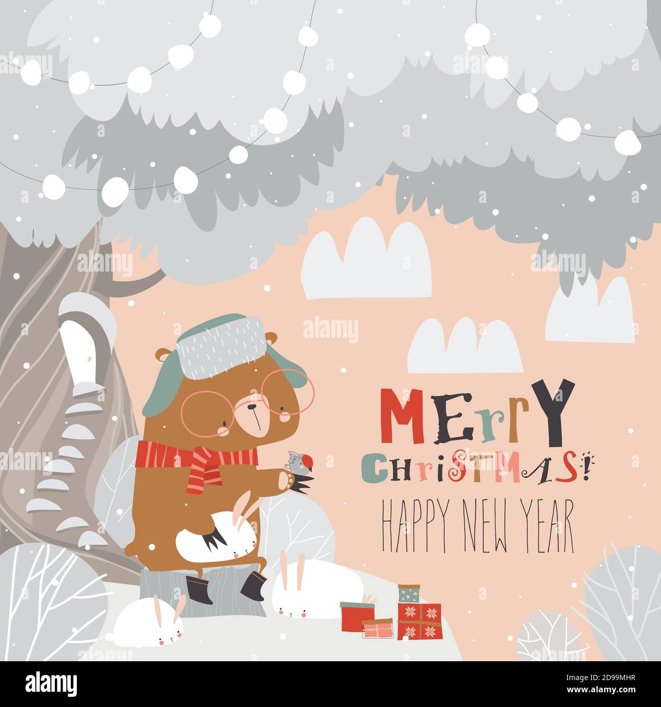 Cartoon funny bear sitting with cute rabbits on stump Stock Vector ...