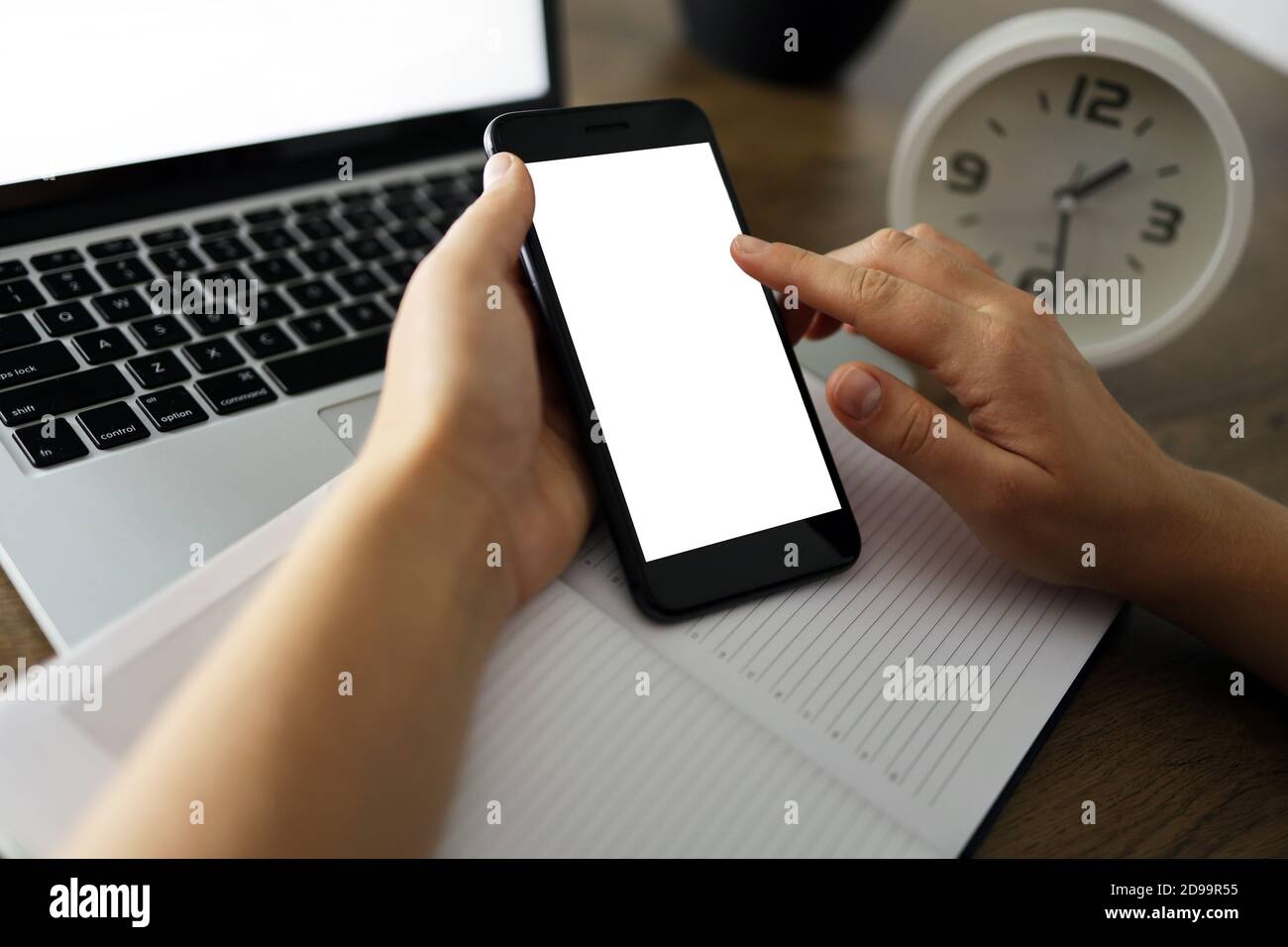 Work from home concept. Young business working sitting using smartphone ...