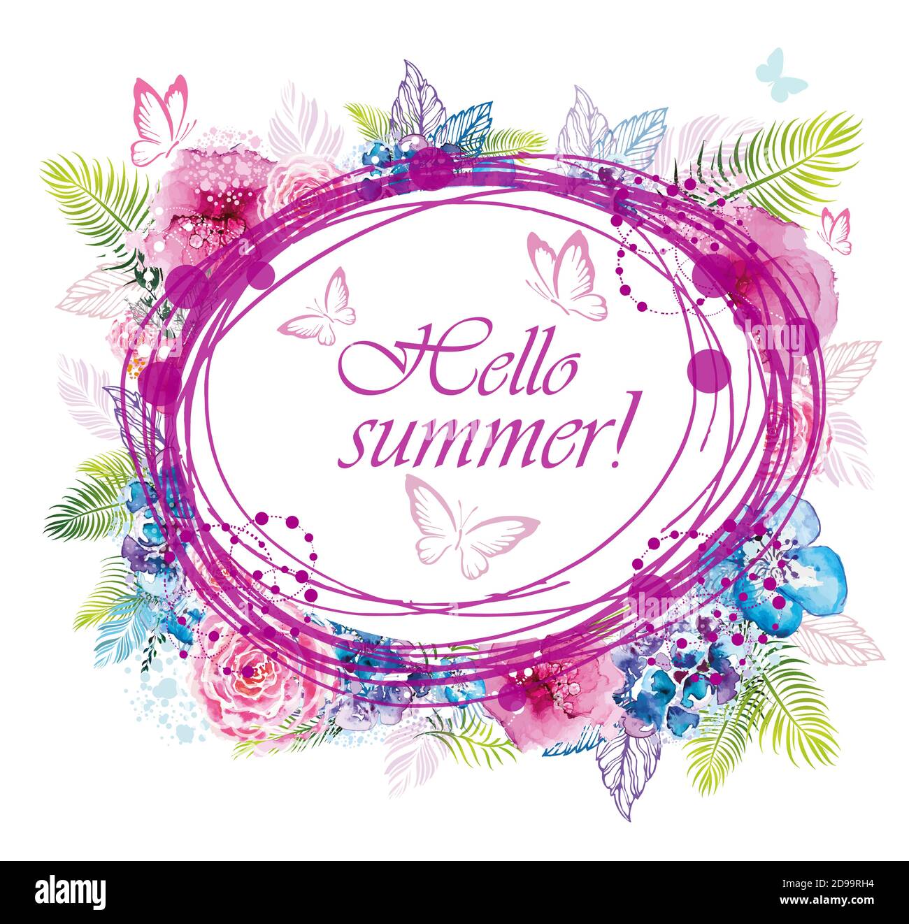 Watercolor floral frame. Hello summer. Greeting card. Vector illustration Stock Vector Image ...