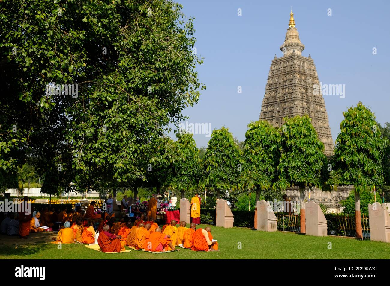 India Bodh Gaya - Buddhist Mahabodhi Temple Complex with monks Stock ...