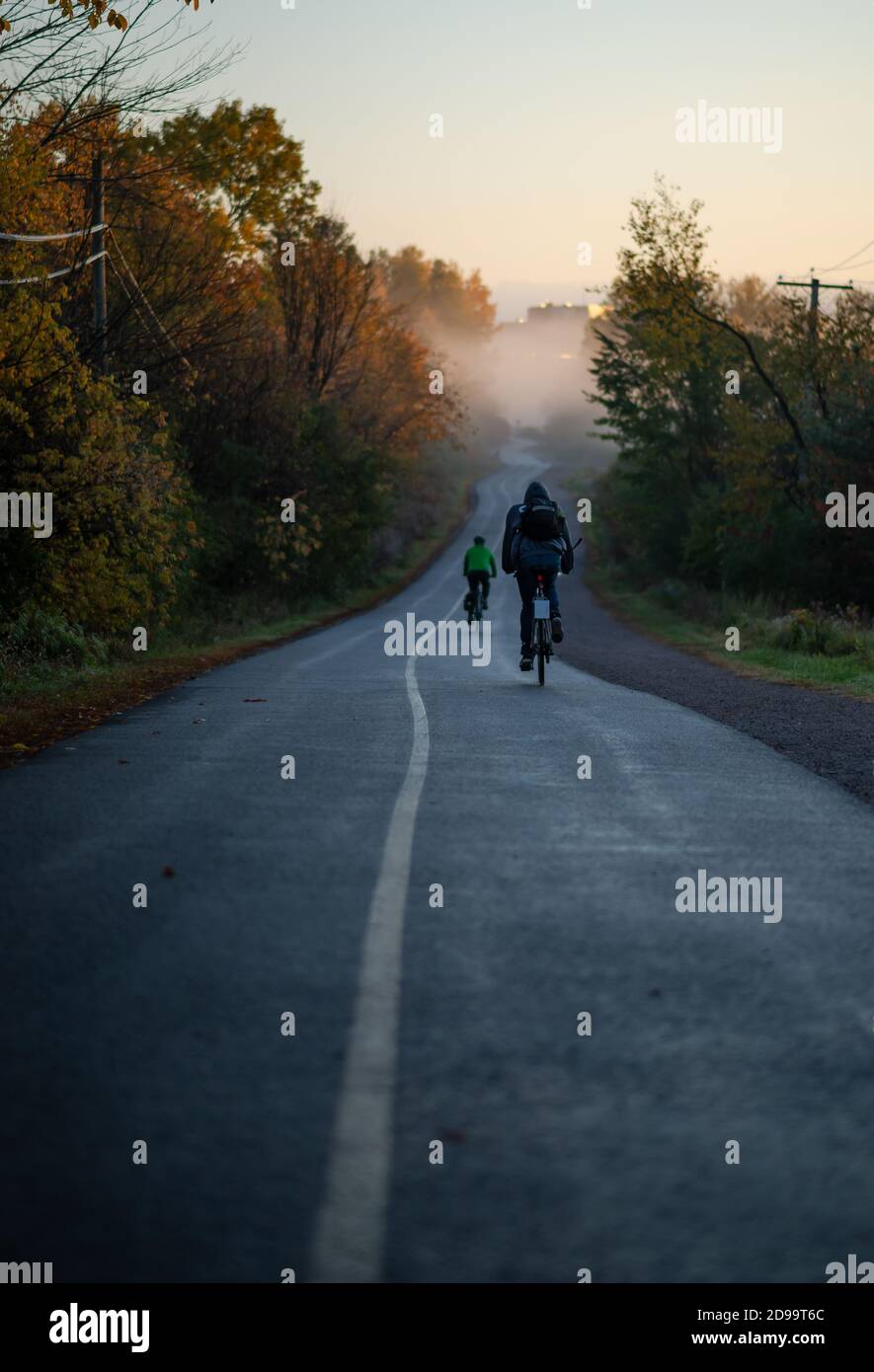 Vertical shot of cyclists riding on a countryside road on a morning ...