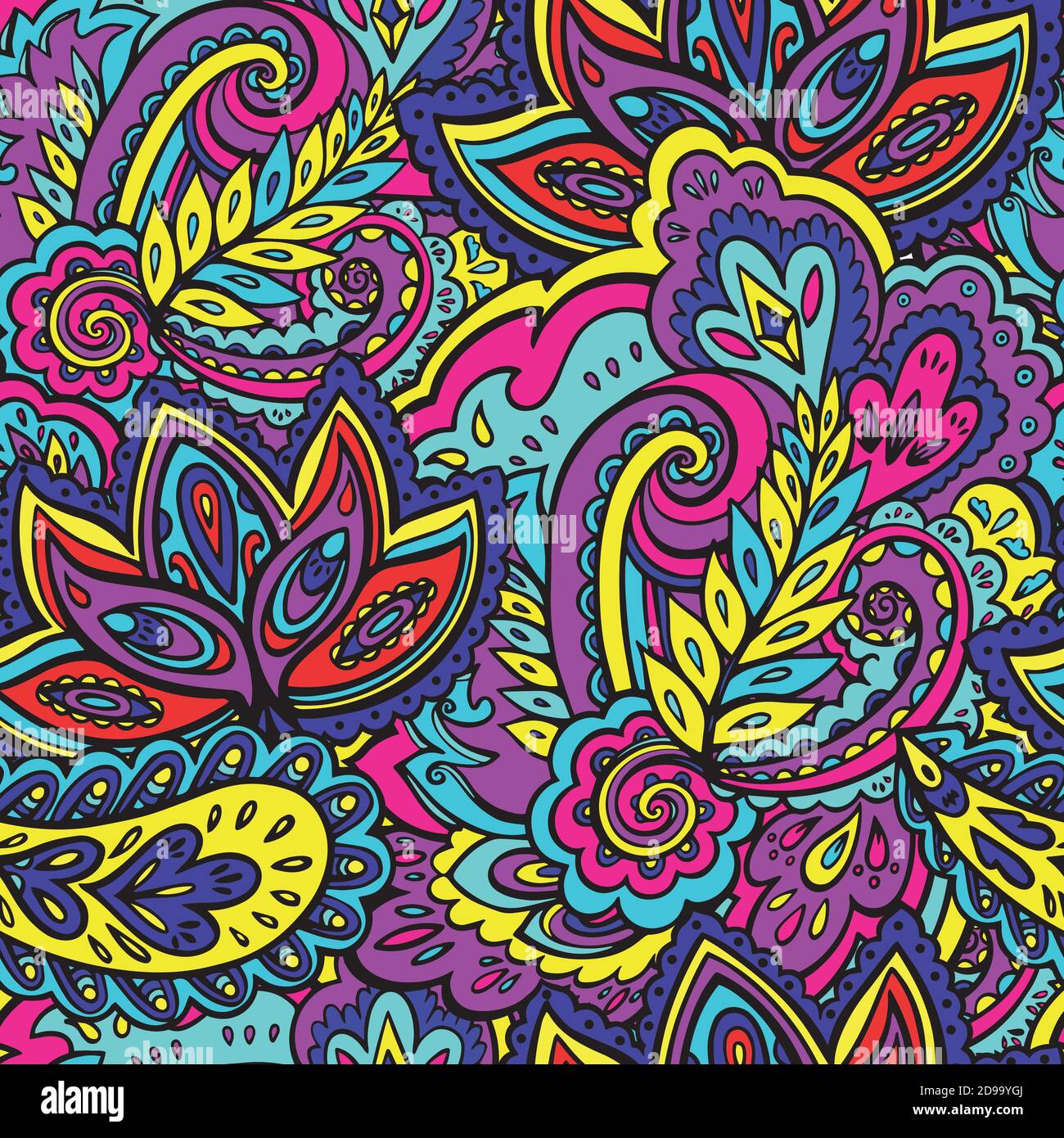 Psychedelic bright seamless texture with colorful plant and floral ...