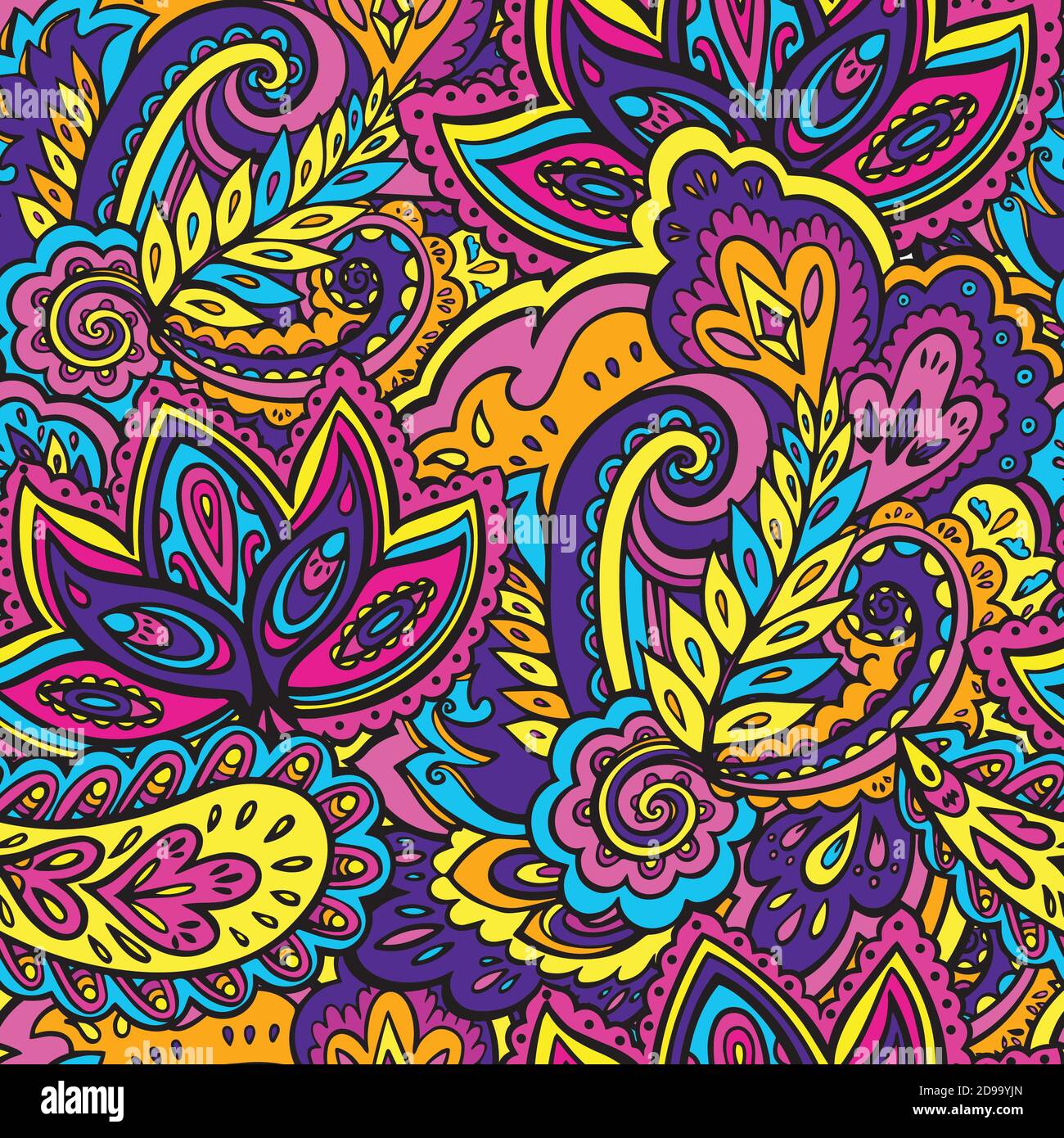 Psychedelic bright seamless texture with colorful plant and floral ...