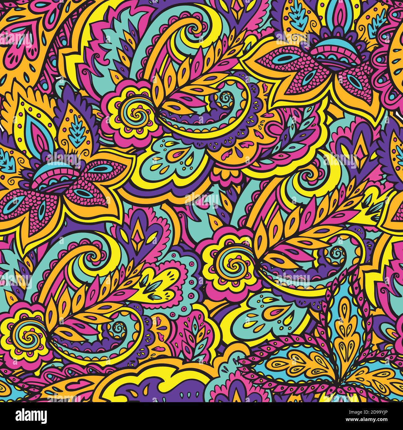 Psychedelic bright seamless texture with colorful plant and floral ...