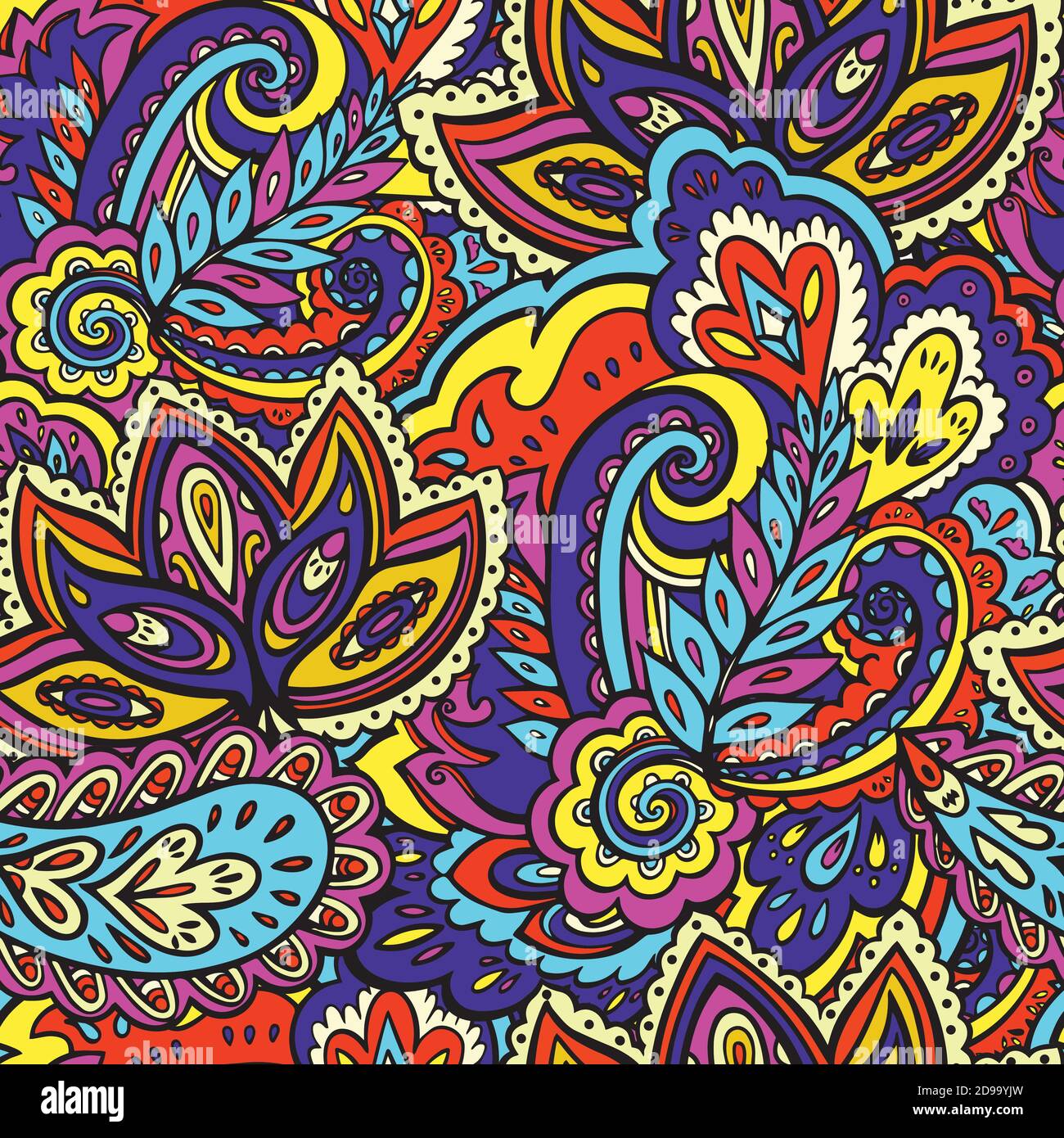 Psychedelic bright seamless texture with colorful plant and floral ...