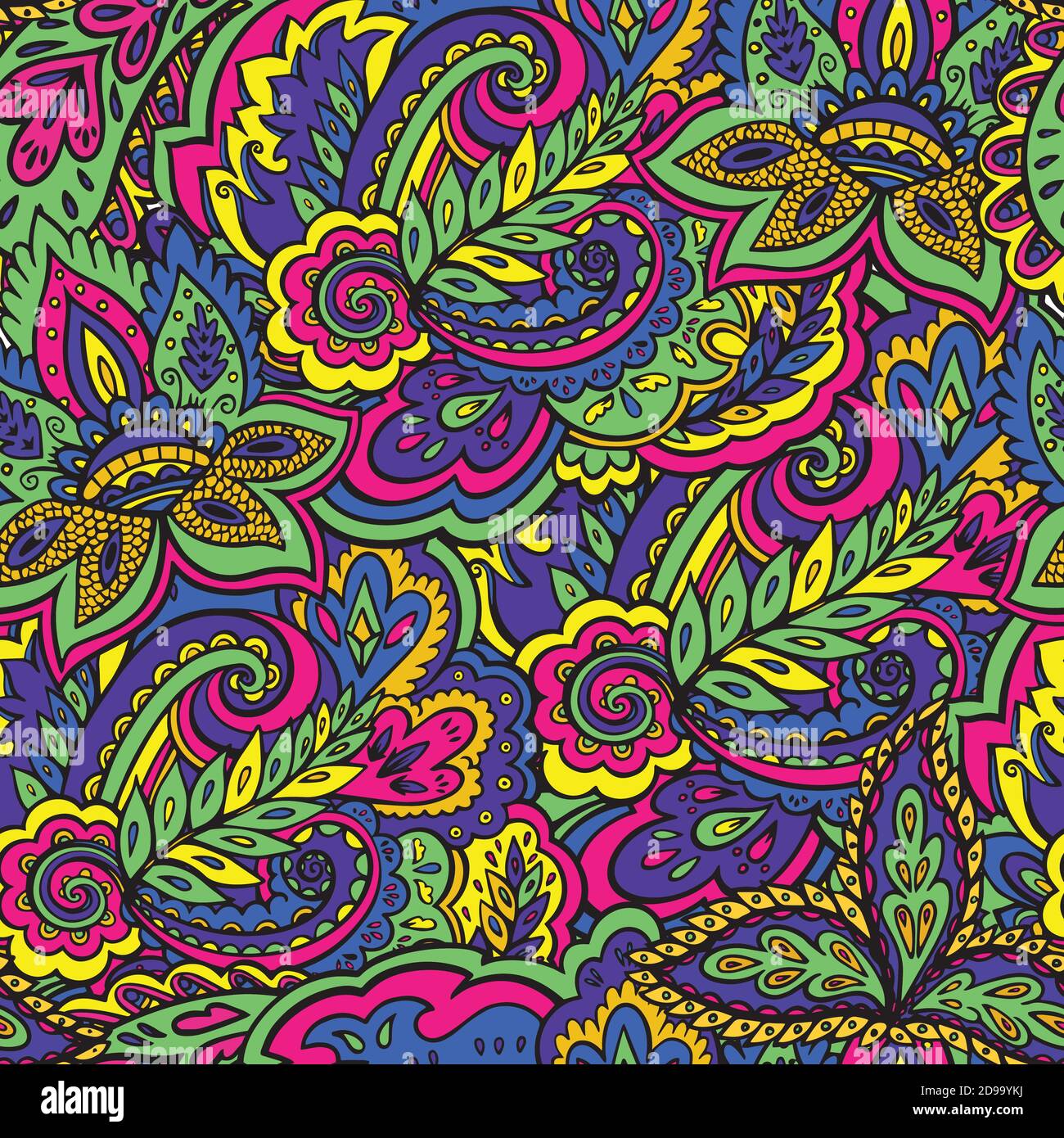 Psychedelic bright seamless texture with colorful plant and floral ...