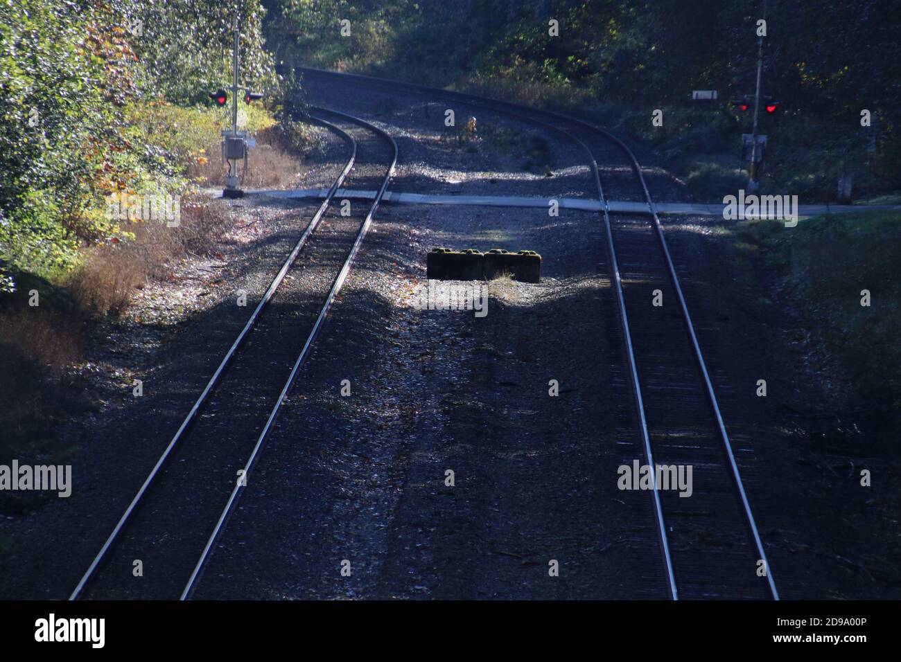 A pair of railway tracks going around the curve in the distance with ...