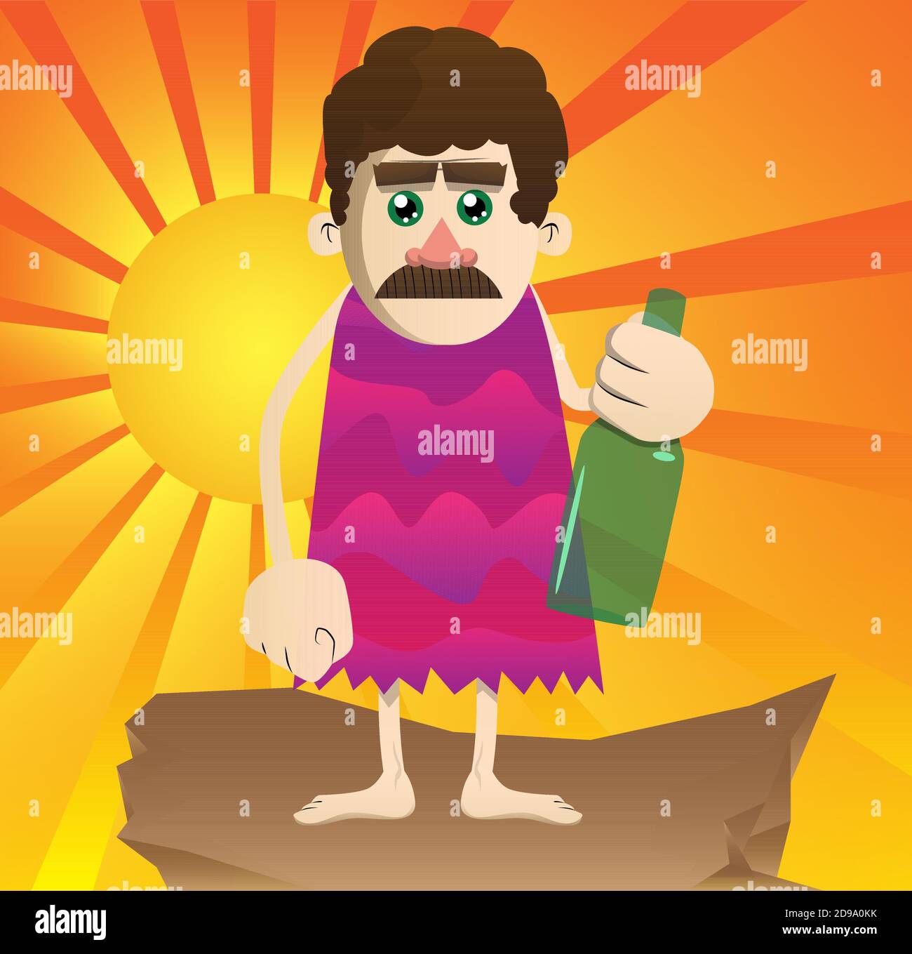 Cartoon caveman holding a bottle. Vector illustration of a man from the ...