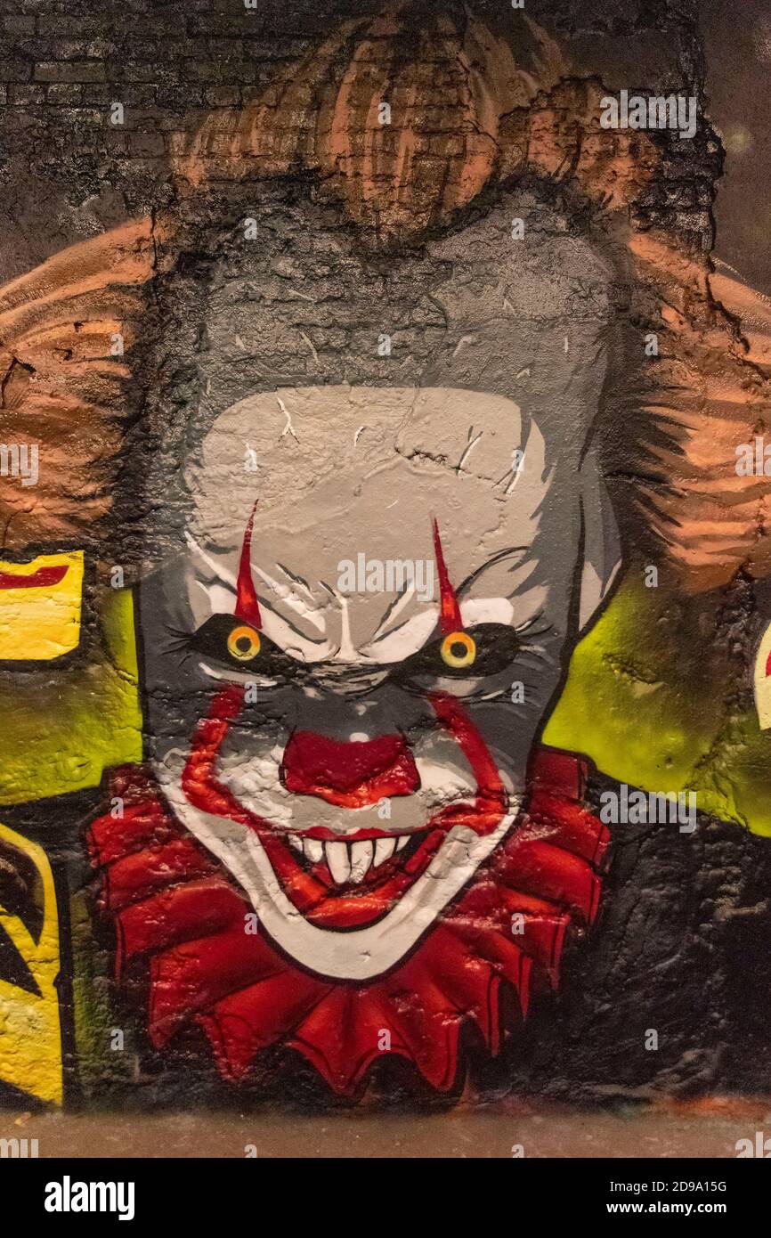 Graffiti of a scary clown seen at the Halloween Paint Jam at the famous ...
