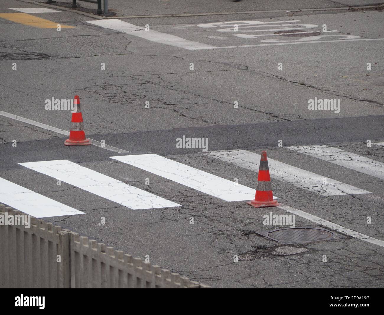roadworks for zebra crossing painting, with traffic cones Stock Photo ...