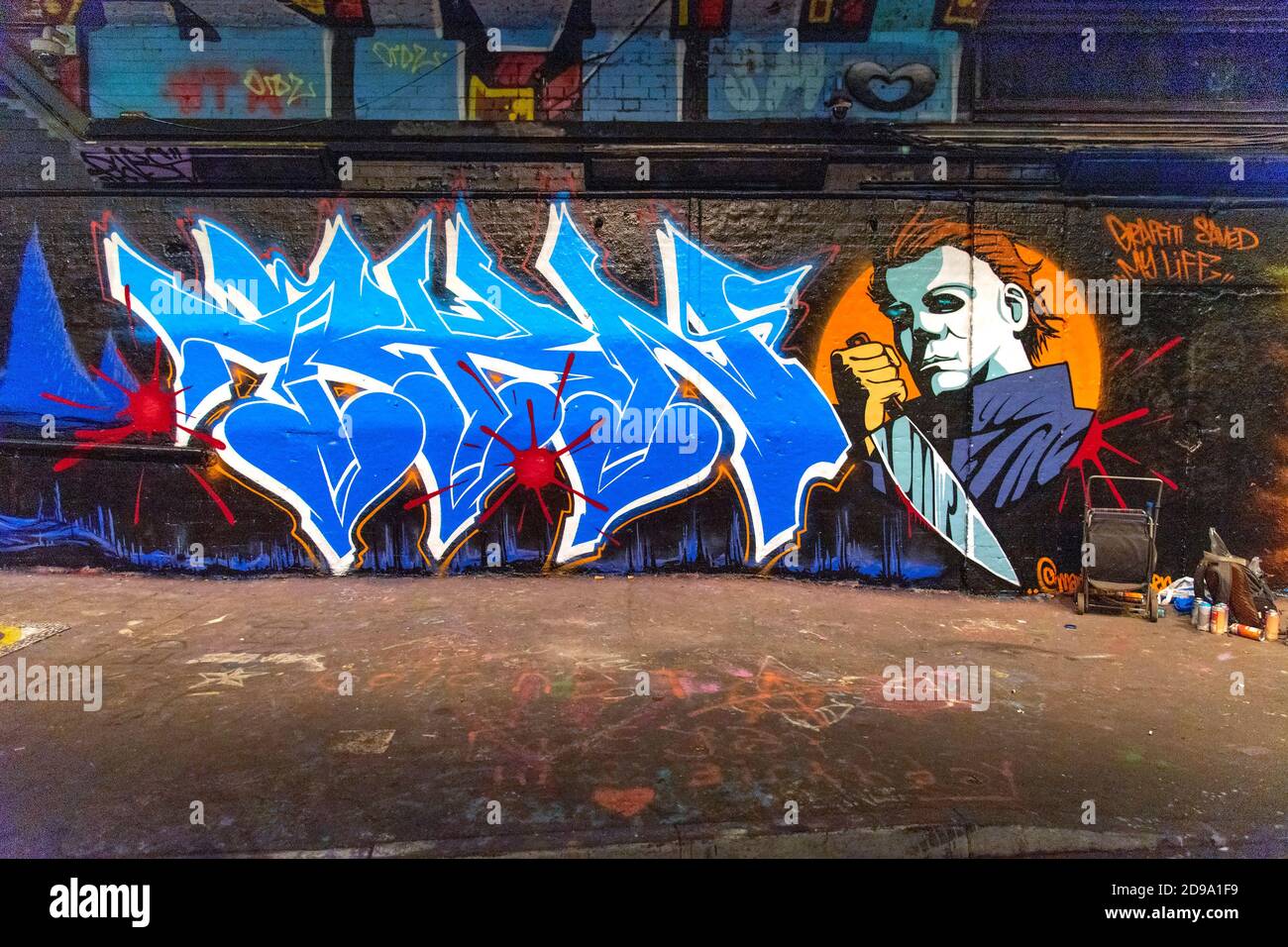 London, UK. 3rd Nov, 2020. Graffiti of the Halloween character Michael ...