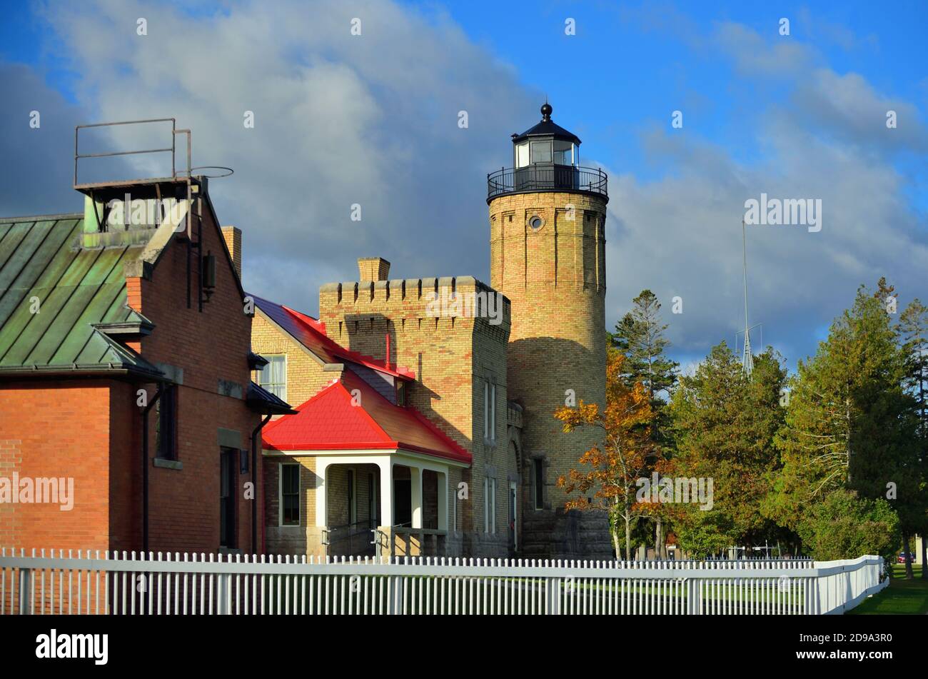 Mackinaw City, Michigan, USA. The Old Mackinac Point Lighthouse marks ...
