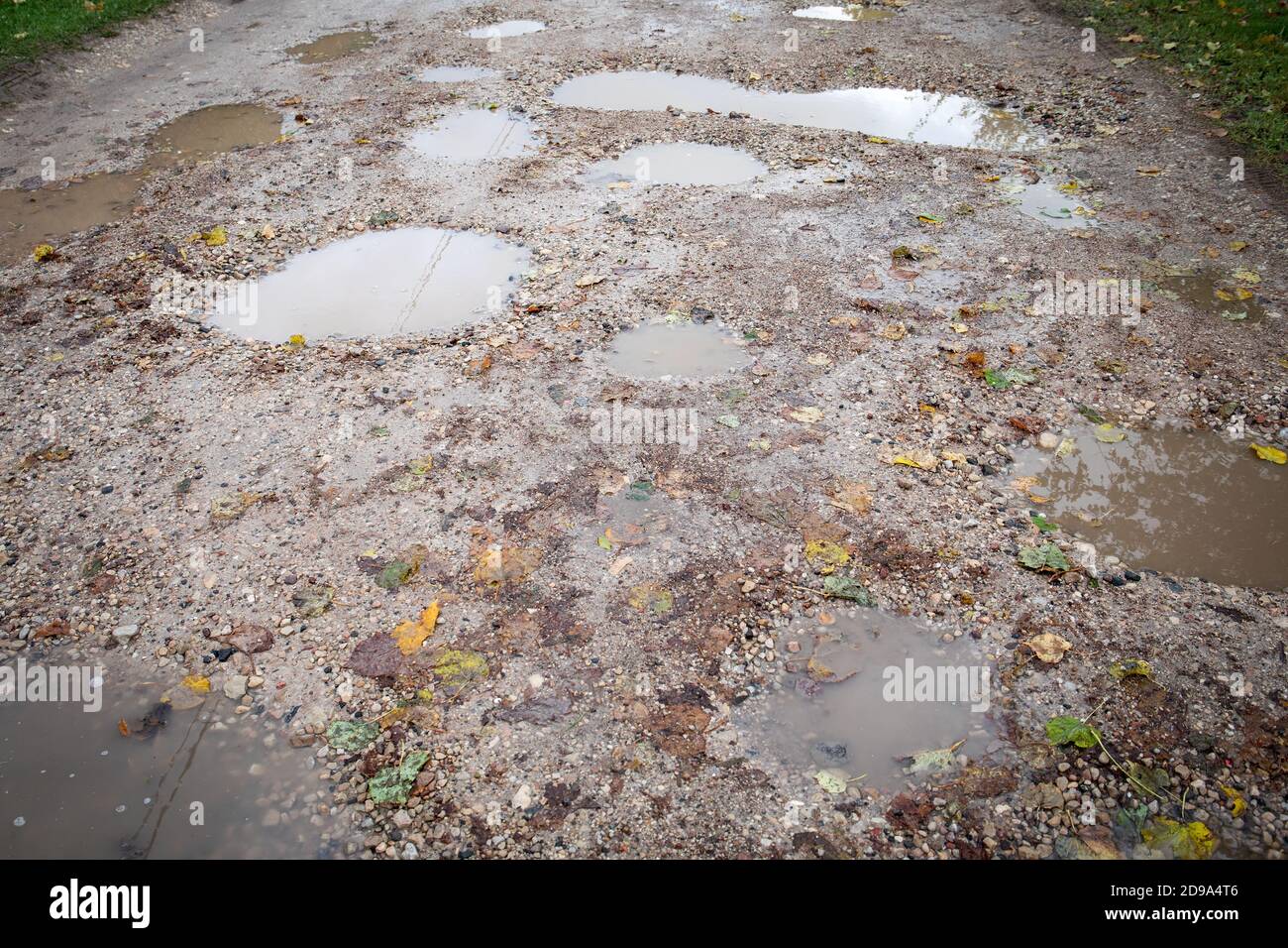 Wet gravel road. Autumn day, weather and season. Wood leaves and mud ...