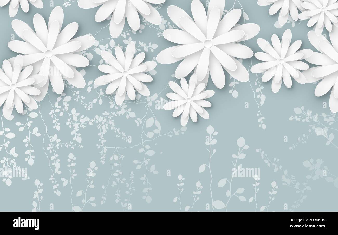 3d illustration, pastel blue background, large white paper flowers and ...
