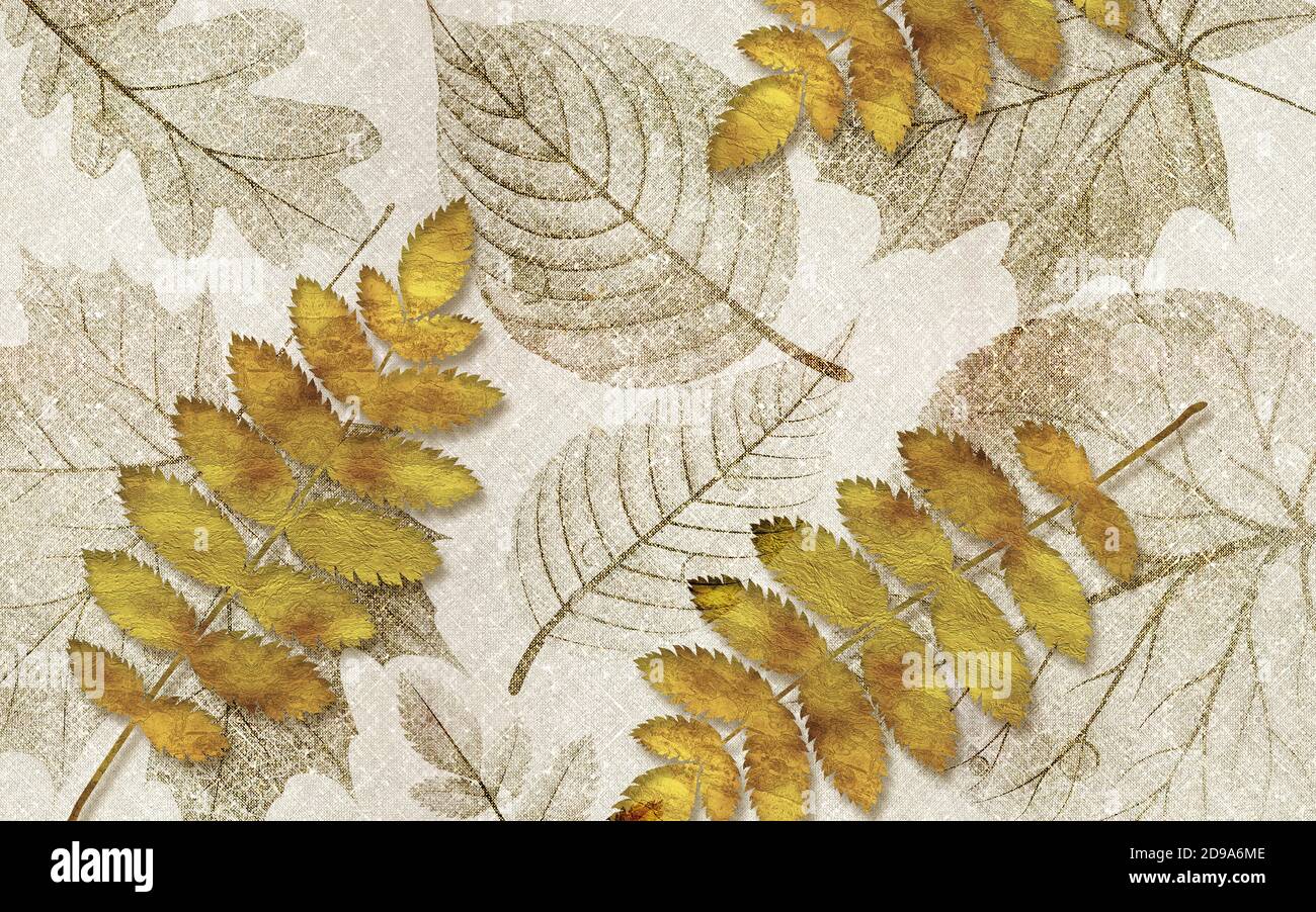 3d illustration, gray fabric background, beige and translucent autumn ...